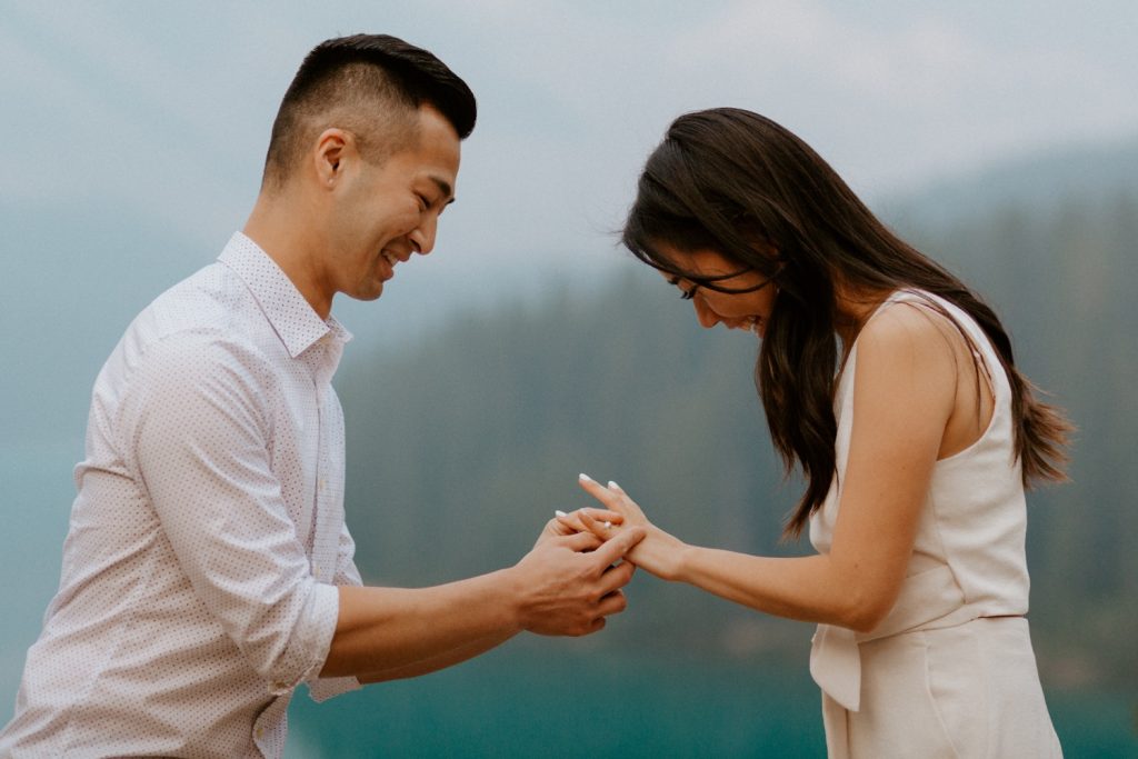 Banff Proposal Photos at Moraine Lake during sunrise
