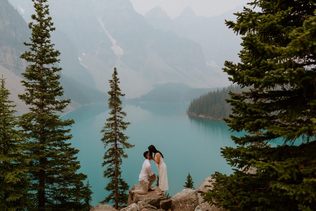 Banff Proposal Photos at Moraine Lake during sunrise