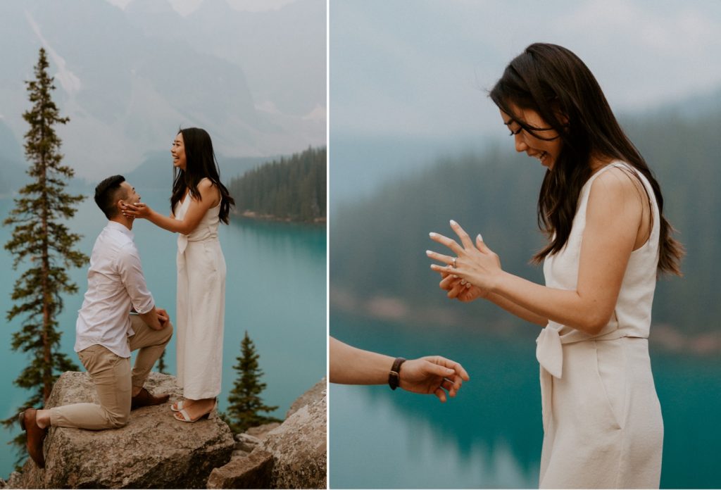 Banff Proposal Photos at Moraine Lake during sunrise