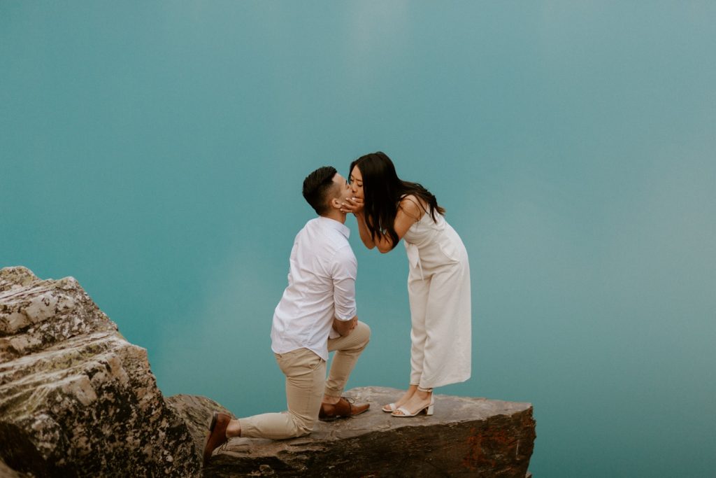 Banff Proposal Photos at Moraine Lake during sunrise
