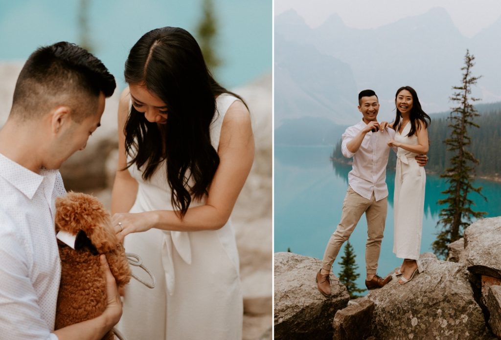 Banff Proposal Photos at Moraine Lake during sunrise