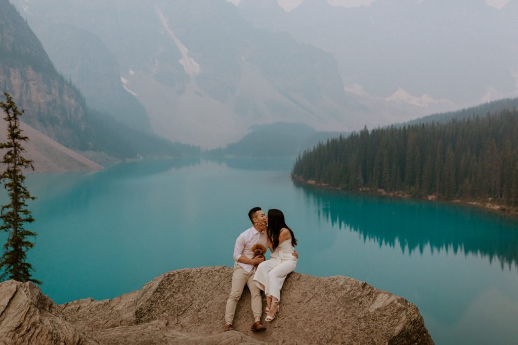 Banff Proposal Photos at Moraine Lake during sunrise