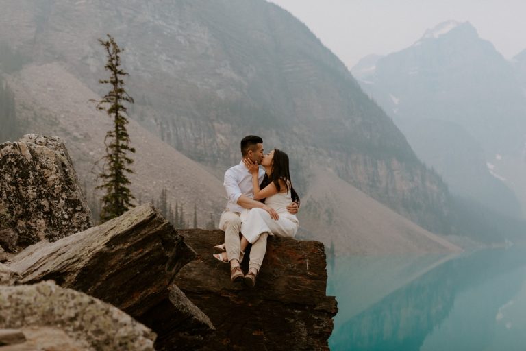 Banff Proposal Photos at Moraine Lake during sunrise