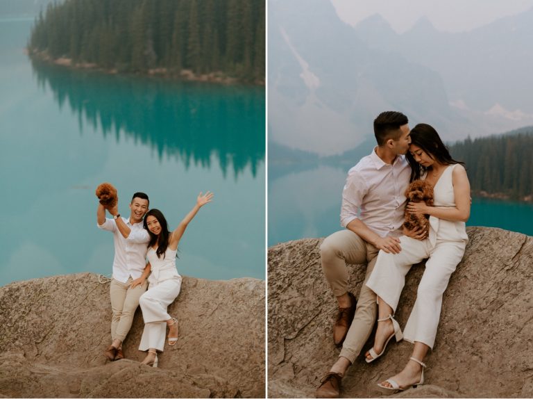 Banff Proposal Photos at Moraine Lake during sunrise