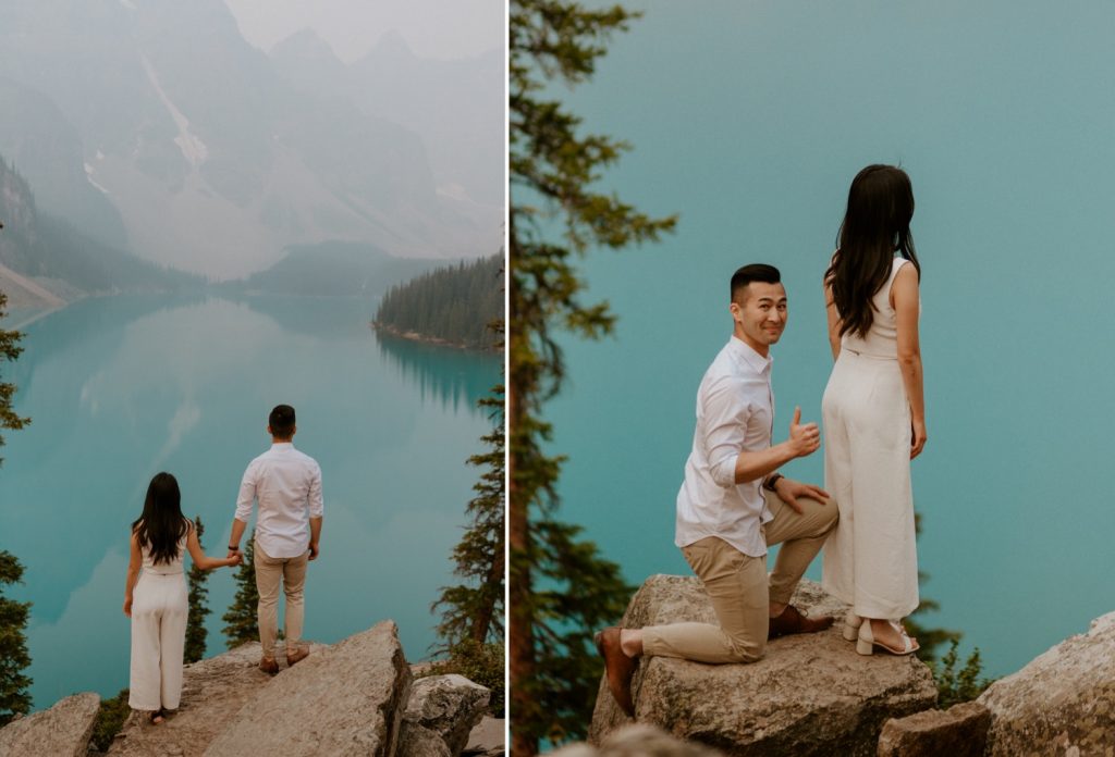 Banff Proposal Photos at Moraine Lake during sunrise
