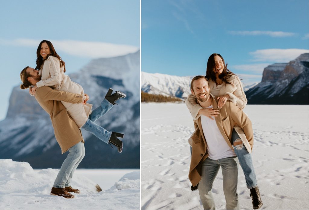 Banff Winter Engagement Photos Lake Minnewanka After Proposal